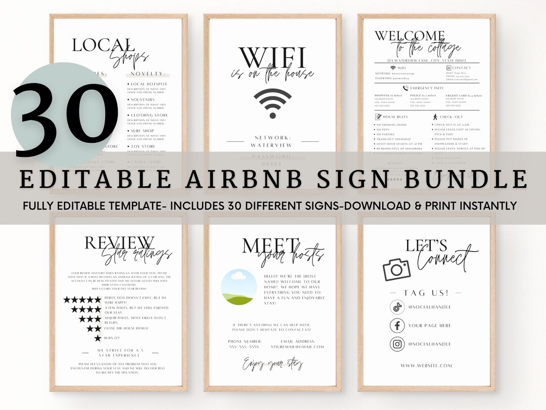 Airbnb Sign Bundle Template Airbnb Signage Signs for Rental Home Wifi ...