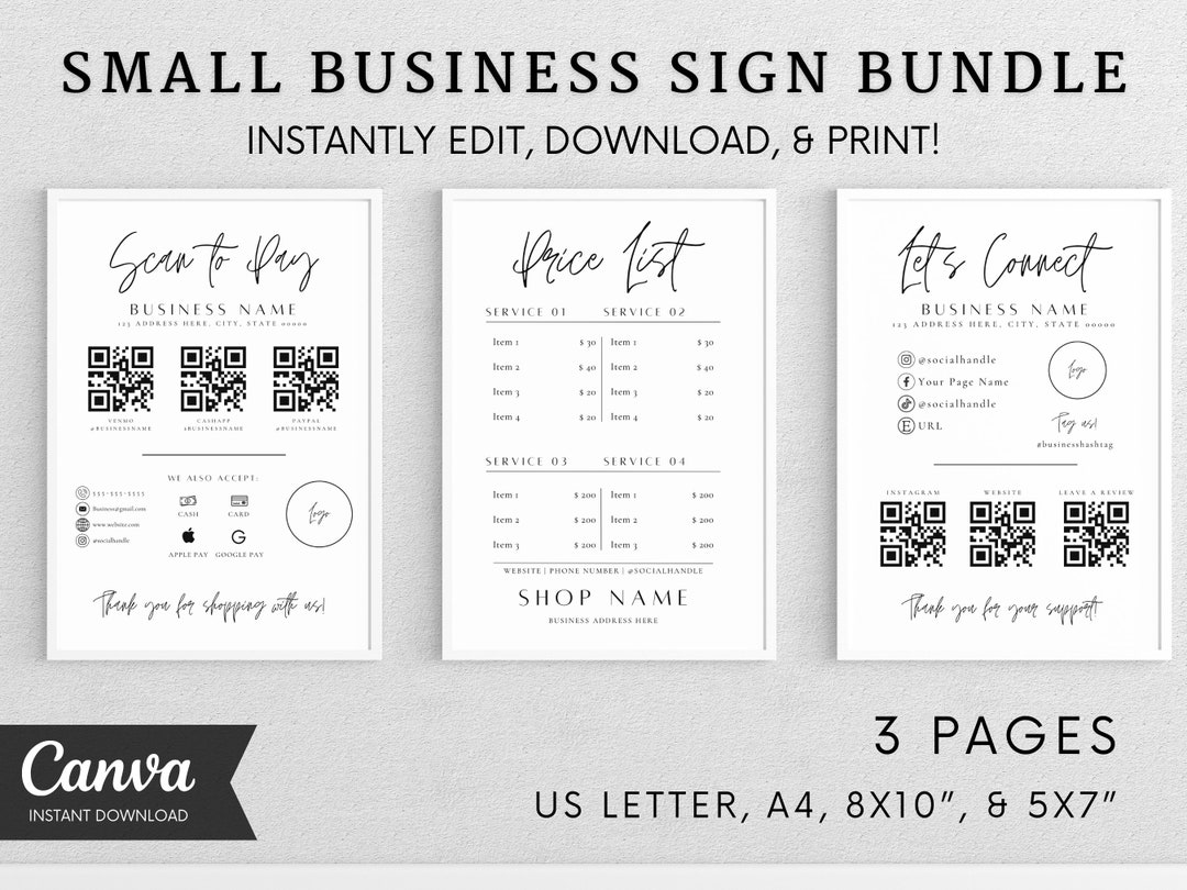 Business Sign Template Bundle QR Code Sign Social Media - Etsy