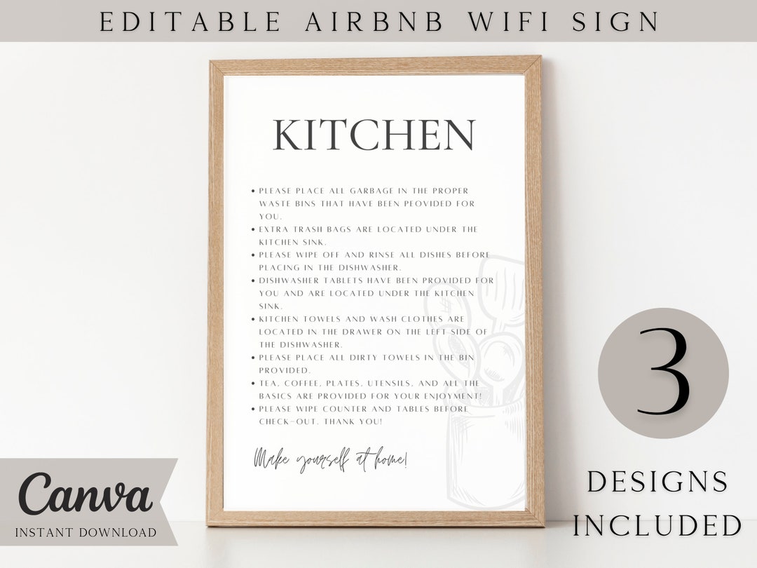 Airbnb Kitchen Sign Template, Editable Airbnb, Signs Vacation Rental ...