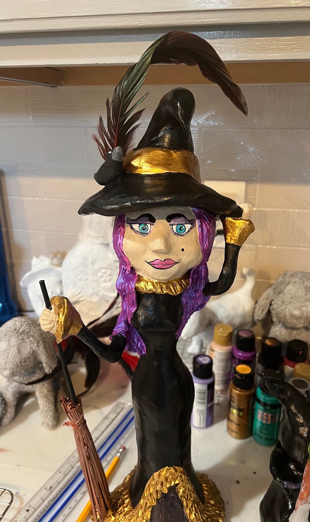Hand Sculped Beautiful Upcycled Sexy Witch With Feather Hat and Broom ...