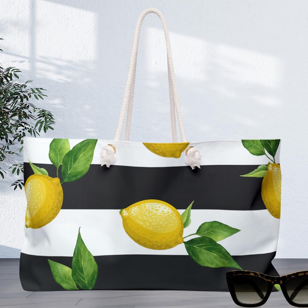 Striped Lemon Weekender Bag, Black White Travel Tote, Citrus Overnight ...