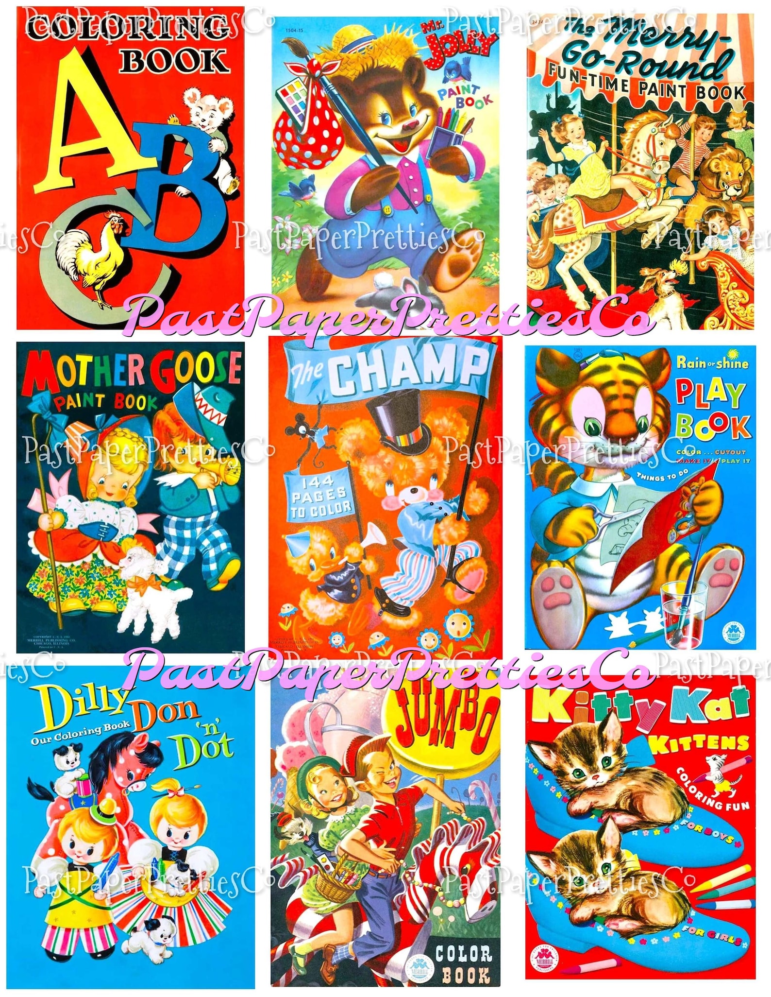 Vintage Printable Retro MCM Cute Childrens Coloring Book Covers Collage ...