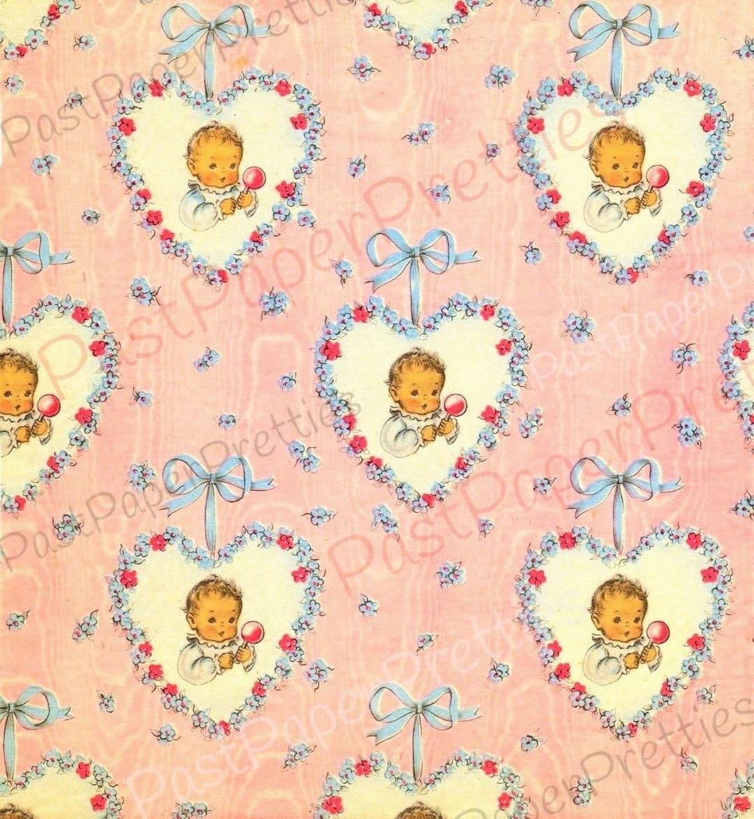 Vintage Printable Gift Wrap Kitsch Baby Girl in Flower Hearts Image ...