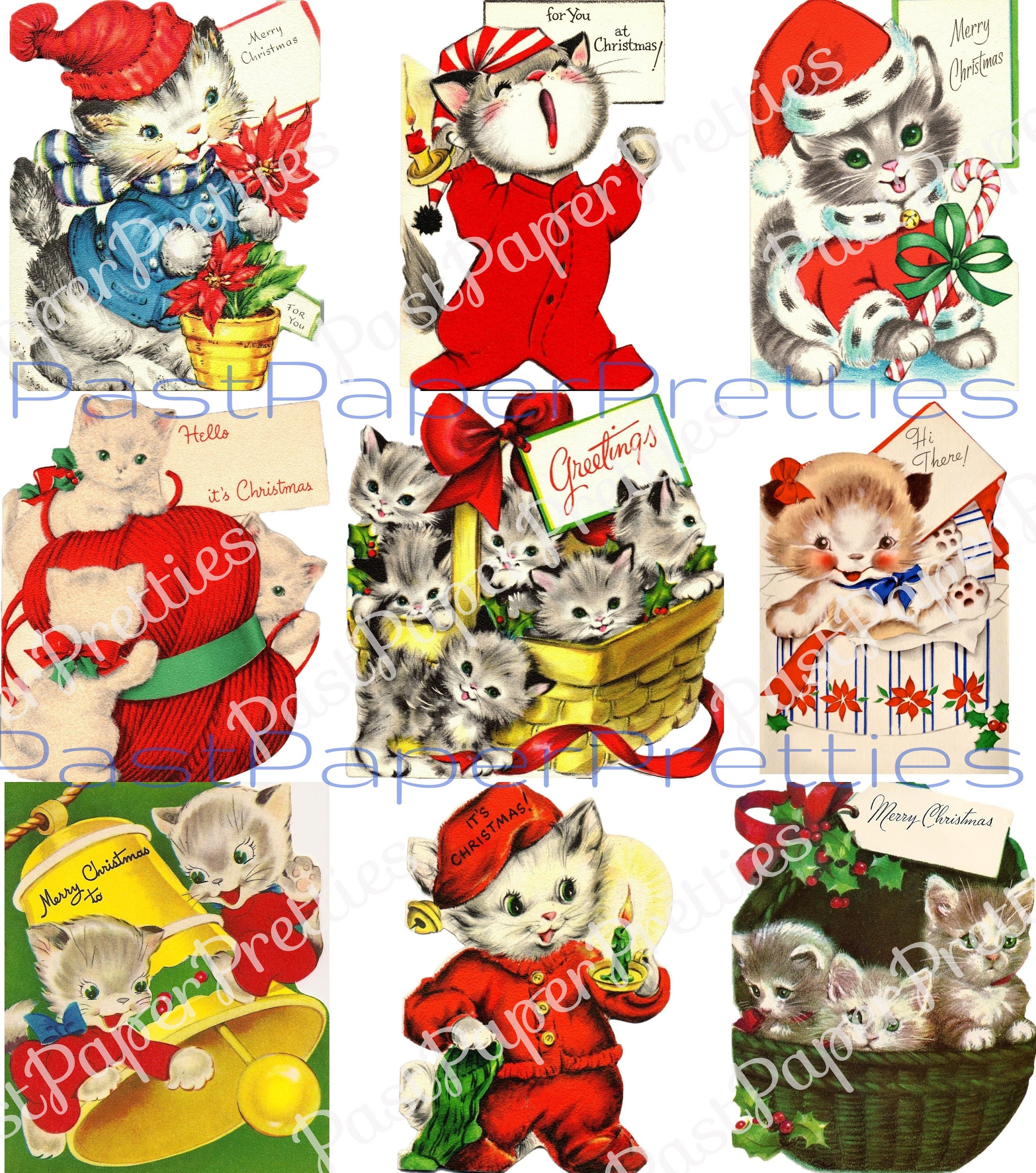 Vintage Printable Kitty Cat Christmas Collage Sheets & Full Cards ALL ...