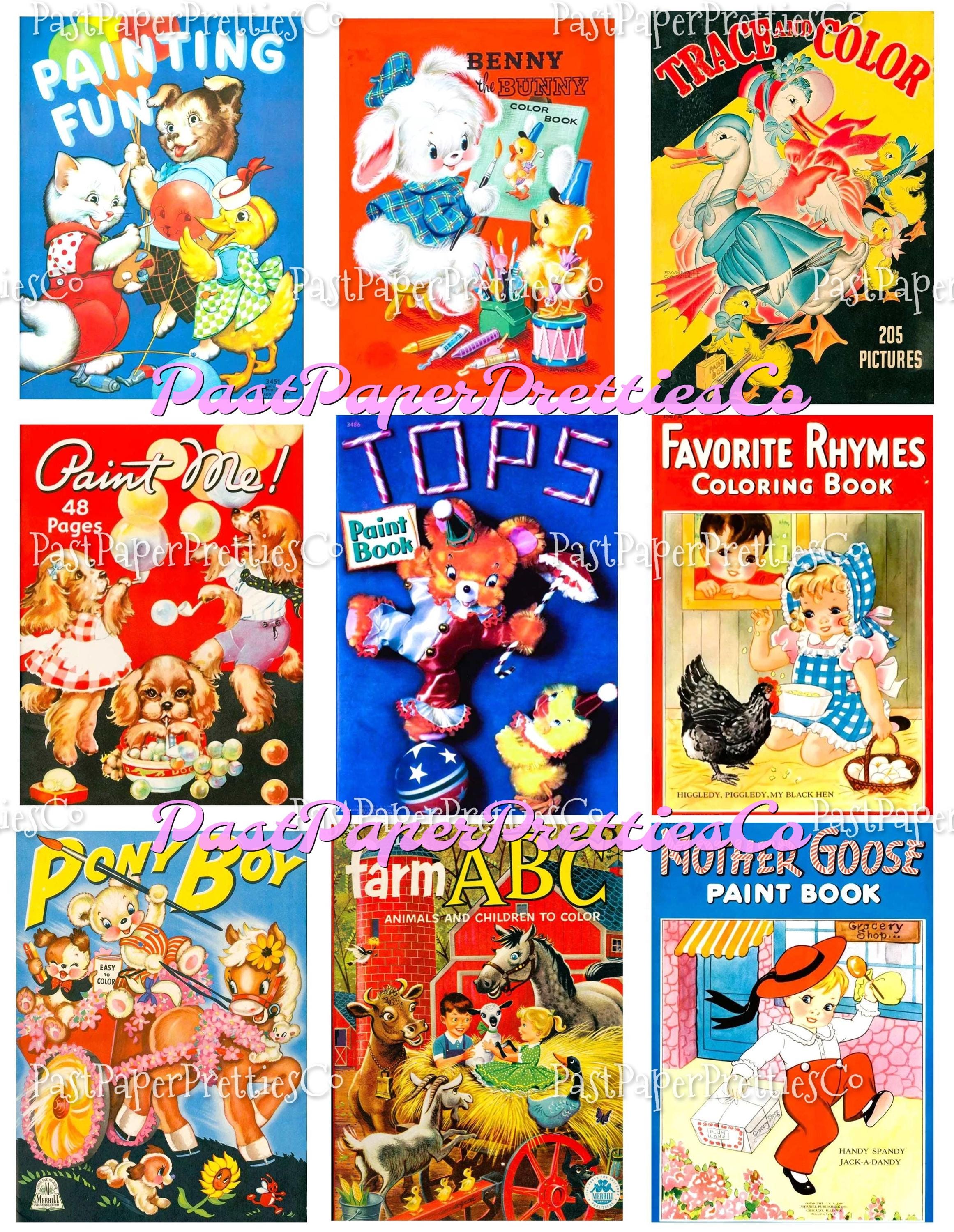 Vintage Printable Retro MCM Cute Childrens Coloring Book Covers Collage ...