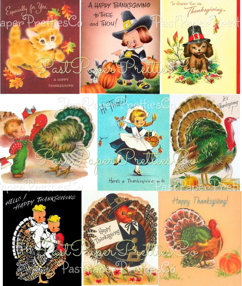 Vintage Printable Retro Thanksgiving Collage Sheets Cute Turkeys ...
