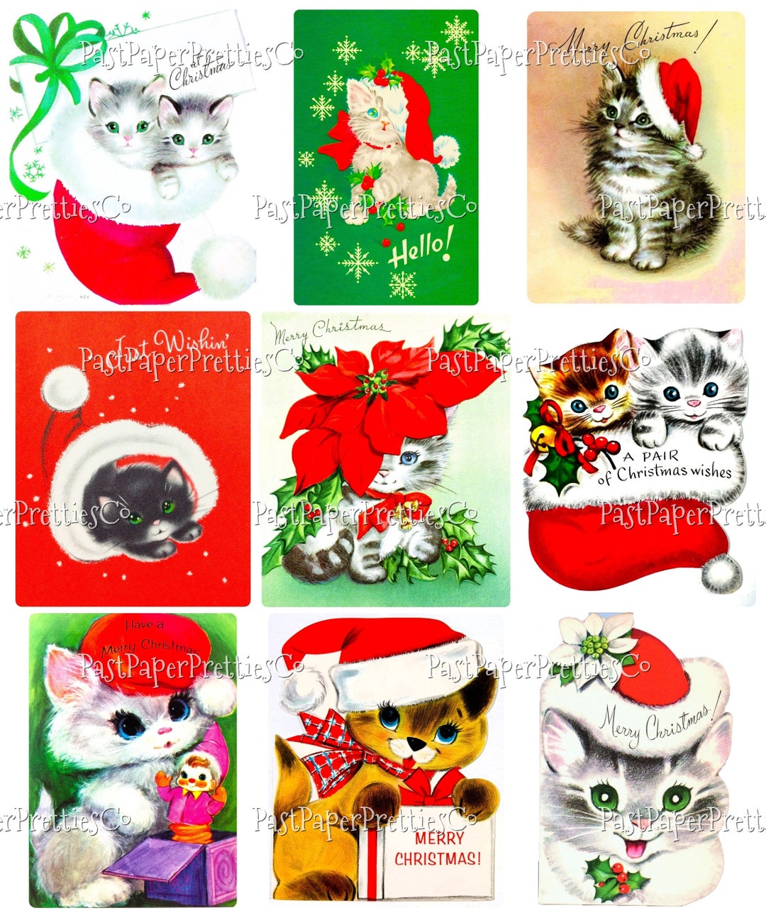 Vintage Printable Christmas Cats in Hats Card Collage Sheets and Full ...
