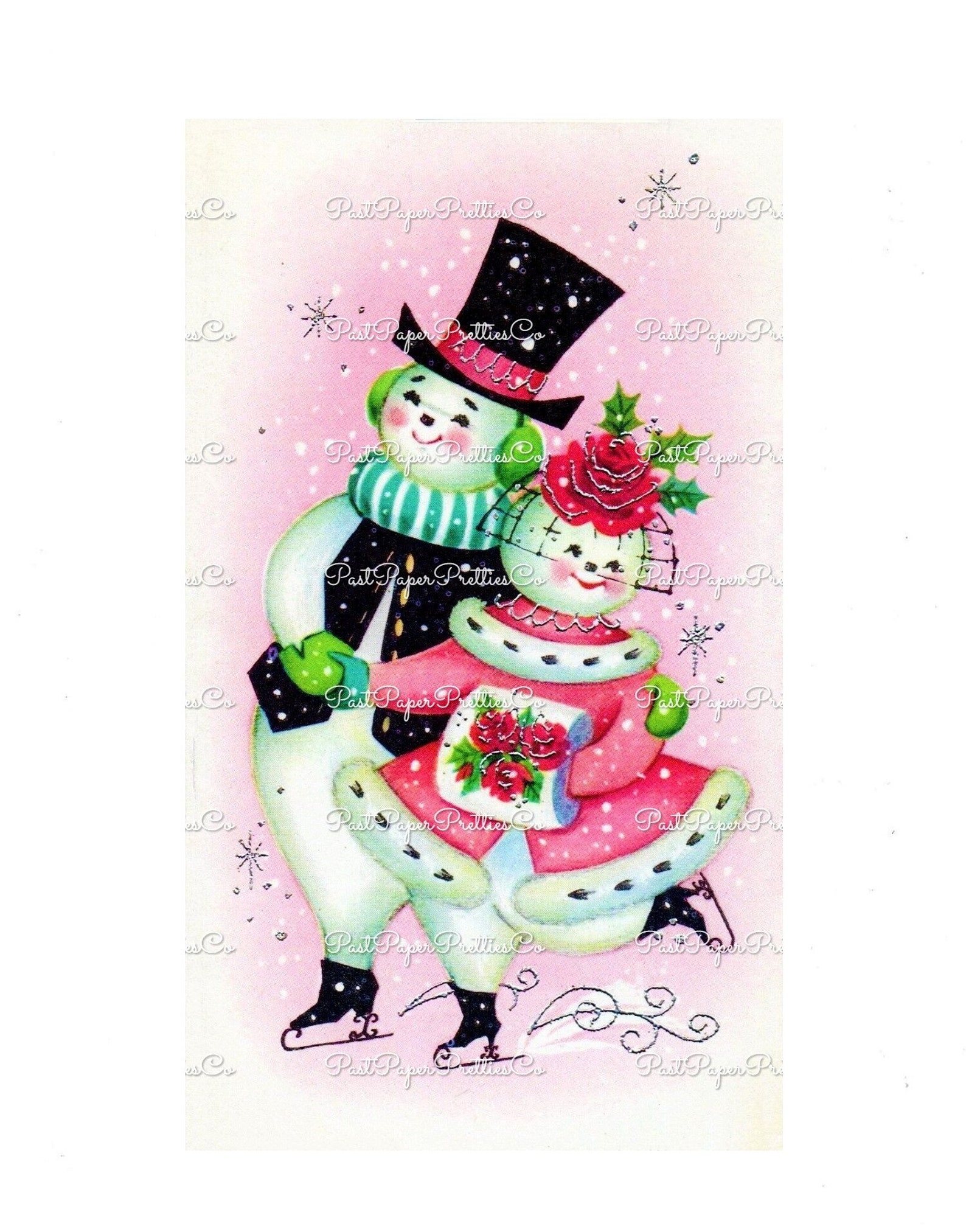 Vintage Printable Pink Snowman Snowlady Skating Snow Couple - Etsy