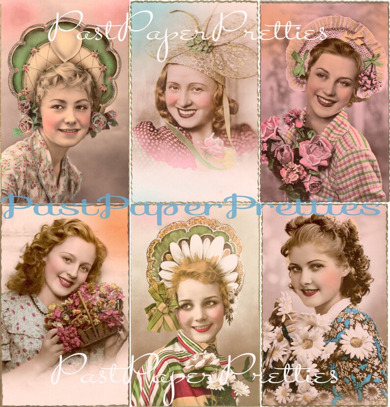 Vintage Printable 1930s Beauties With Hats Colorized Postcard - Etsy