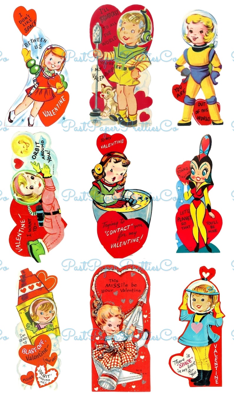 Vintage Printable Valentines Retro Space Chicks All Girly - Etsy