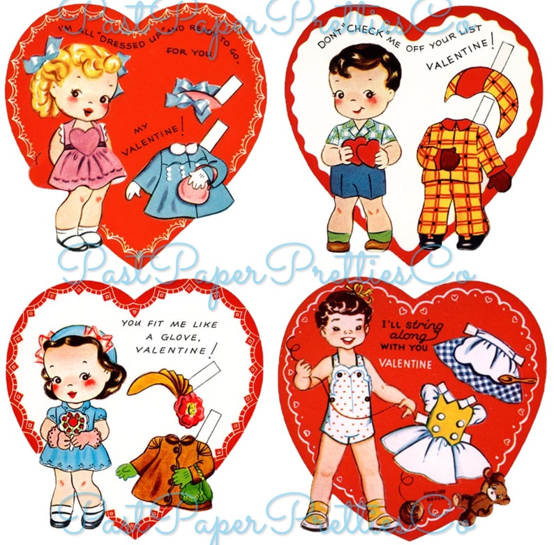 24 Vintage Paper Doll Style Valentine Cards Images Collage Sheets ...