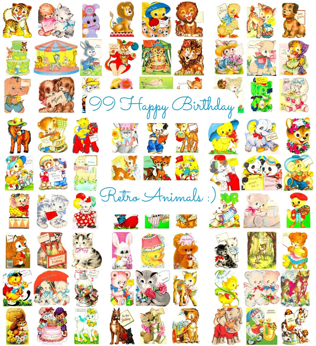 99 Vintage Printable Happy Birthday Animals ATC Cards Collage Sheets ...