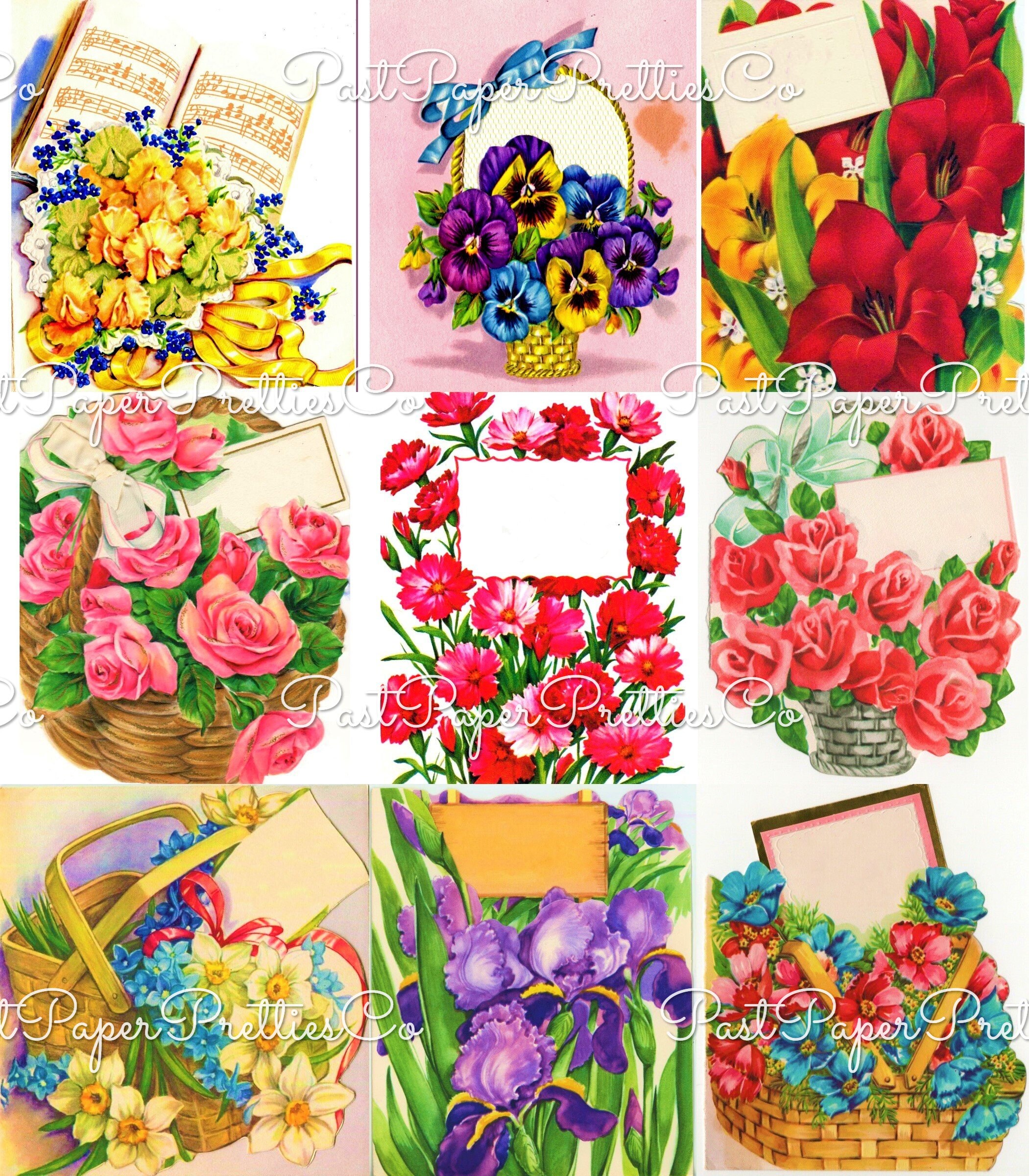 Vintage Printable Pretty Bright Flower Garden Bouquets Greeting Card ...