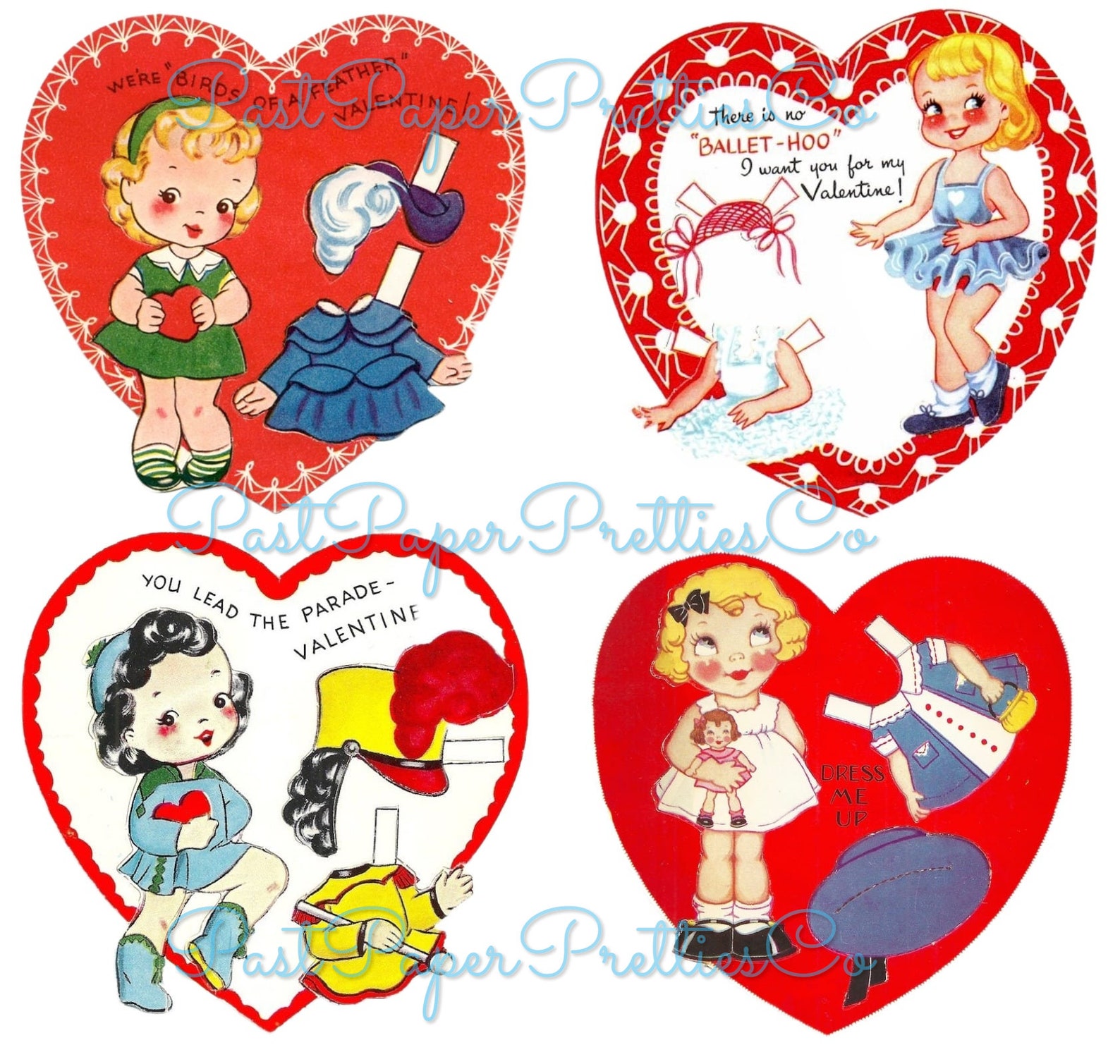 24 Vintage Paper Doll Style Valentine Cards Images Collage Sheets ...