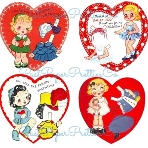 24 Vintage Paper Doll Style Valentine Cards Images Collage Sheets ...