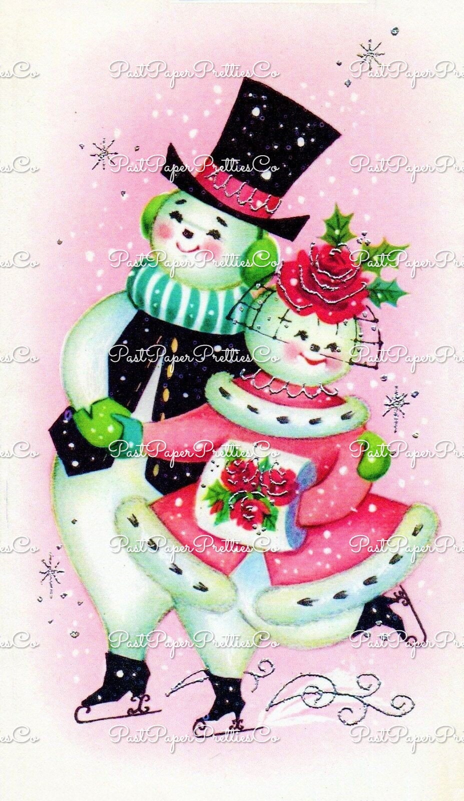 Vintage Printable Pink Snowman Snowlady Skating Snow Couple Christmas ...