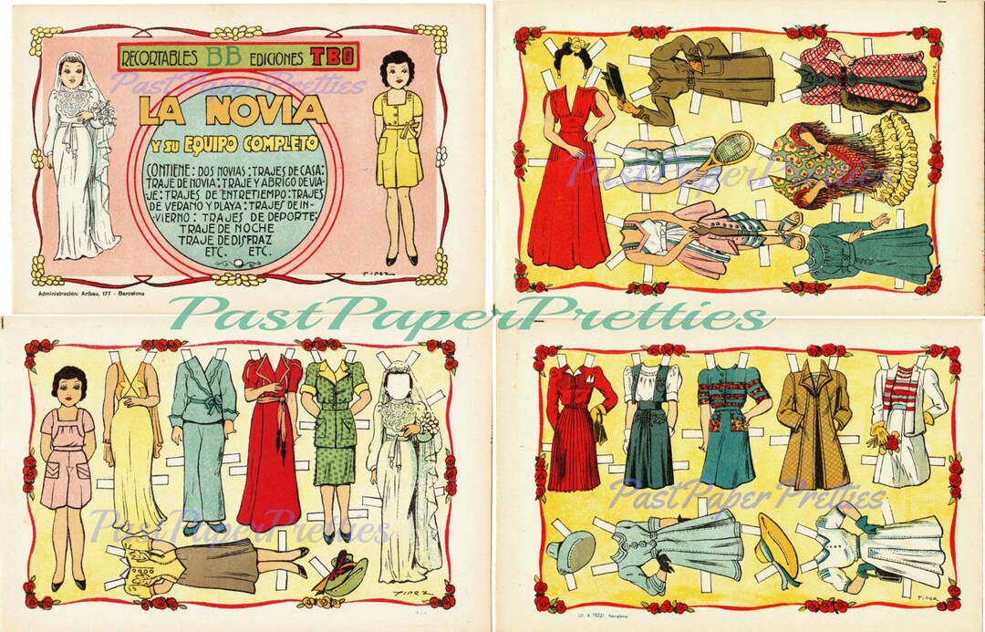 Vintage Spanish Paper Dolls Set 4 Cute Collage Sheets Barcelona Spain C ...