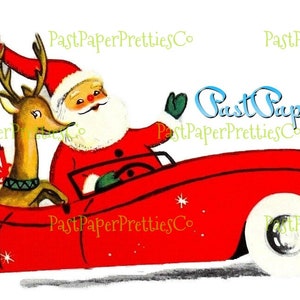 Vintage Printable Santa and Reindeer Red Sports Car Christmas Card ...