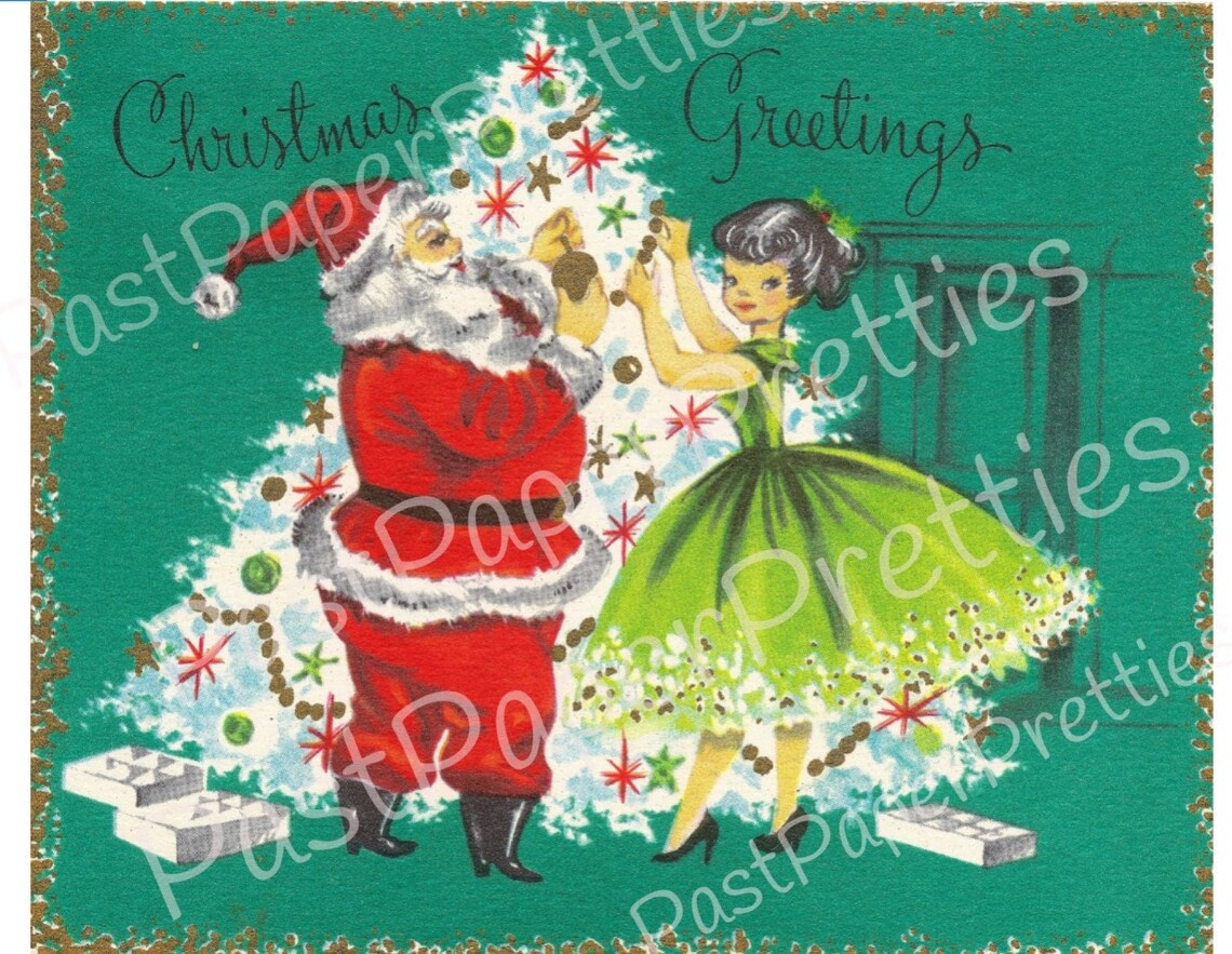 Vintage Printable Santa & Pretty Girl Trim the Tree Christmas - Etsy