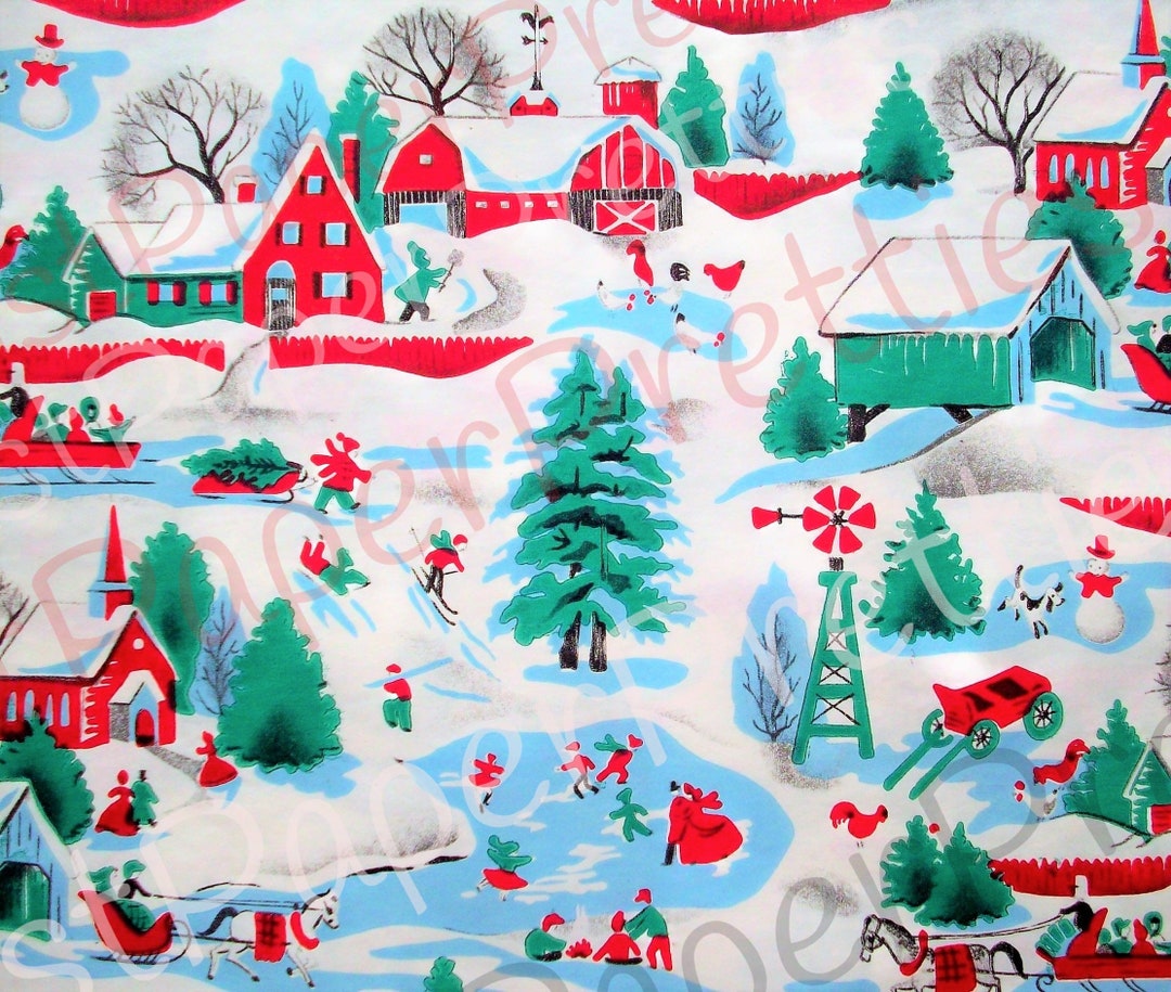 Vintage Printable Christmas Gift Wrap Holiday Village Winter Scene ...