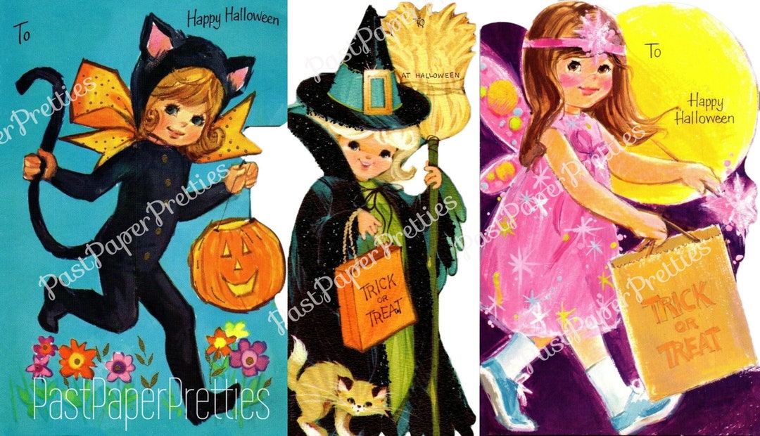 Vintage Printable Adorable Halloween Cards Little Girl Fairy Black Cat ...