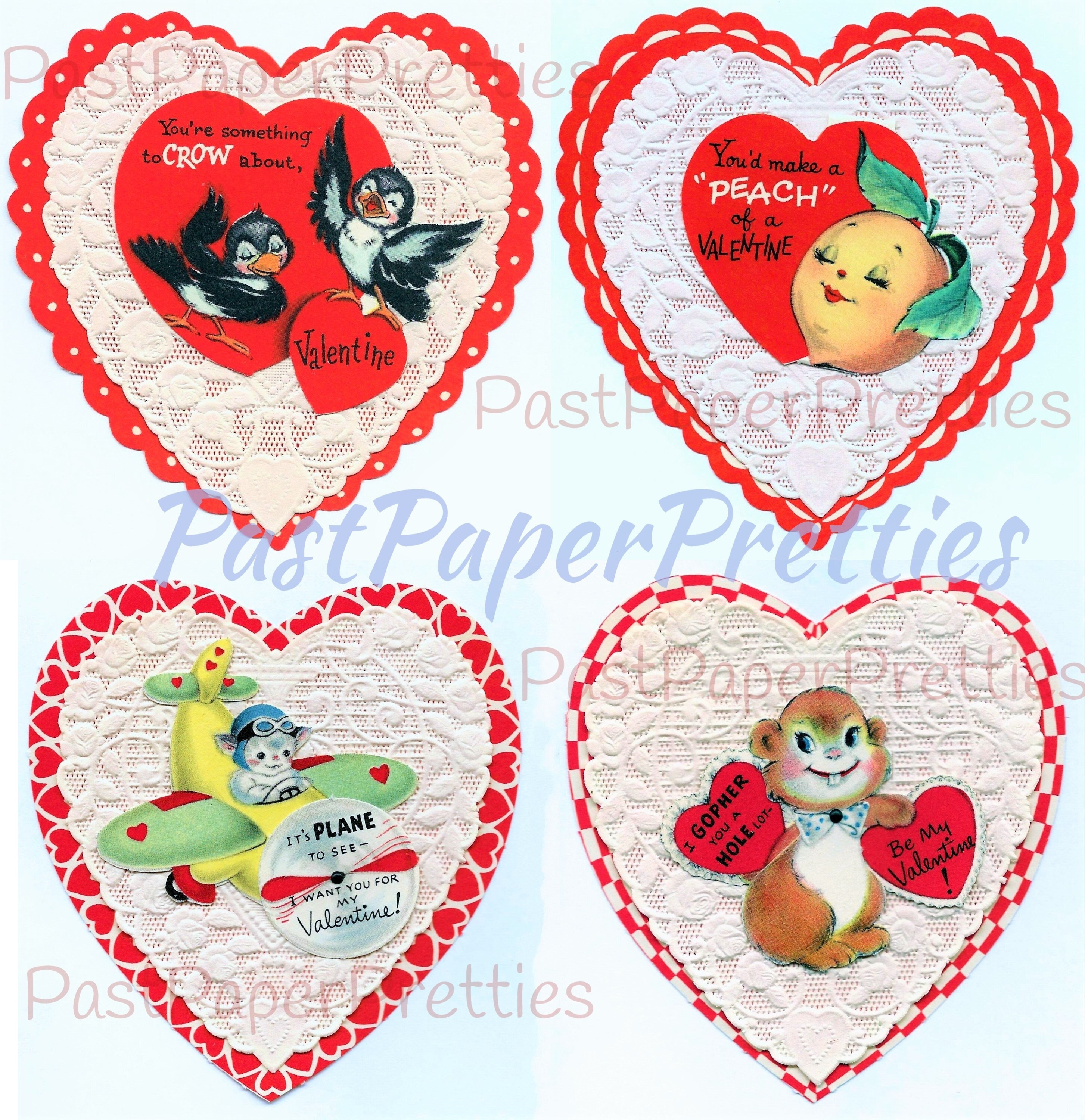 16 Vintage Printable Paper Doily Hearts Valentine Cards Adorable Animal ...