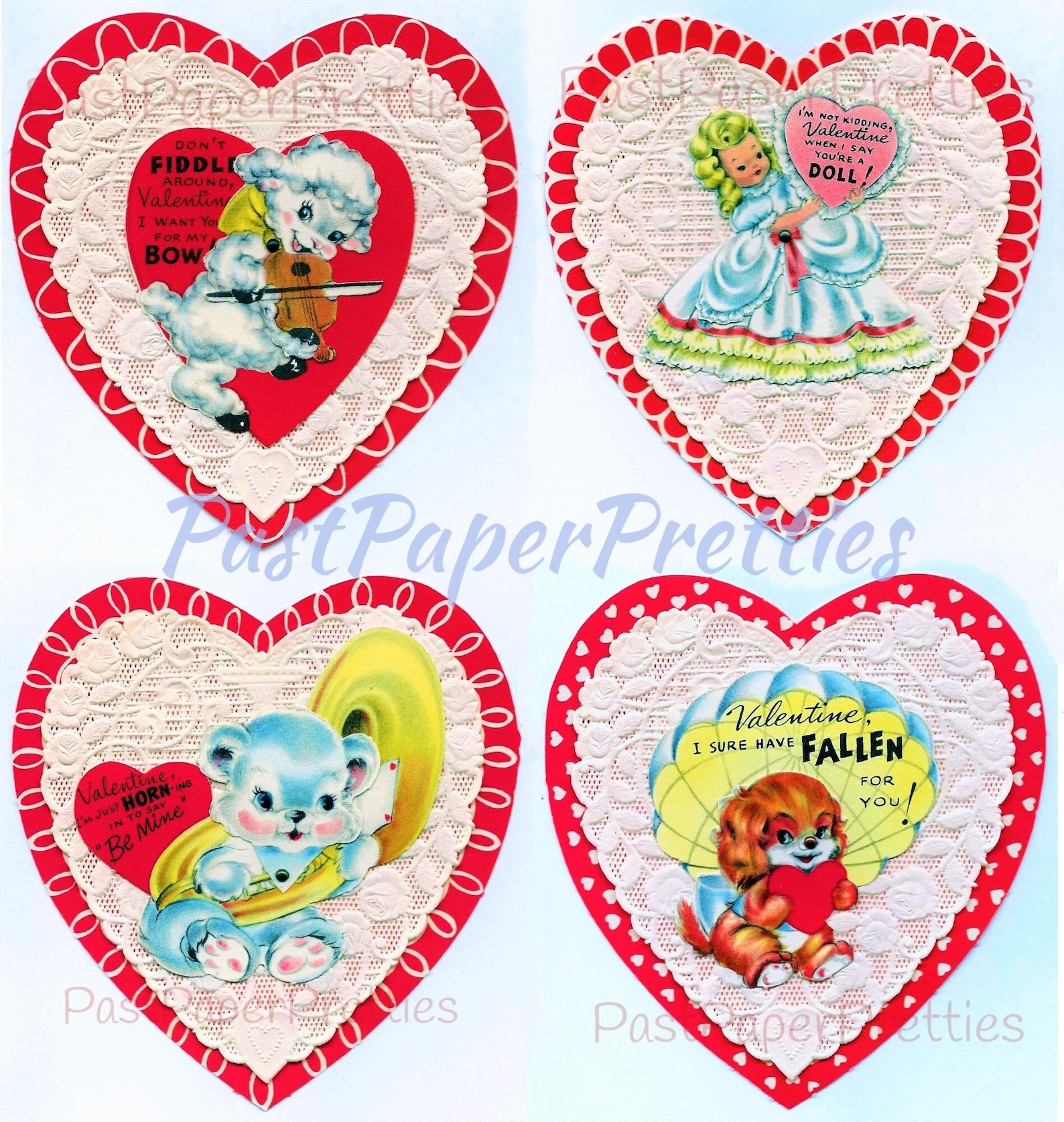16 Vintage Printable Paper Doily Hearts Valentine Cards Adorable Animal ...