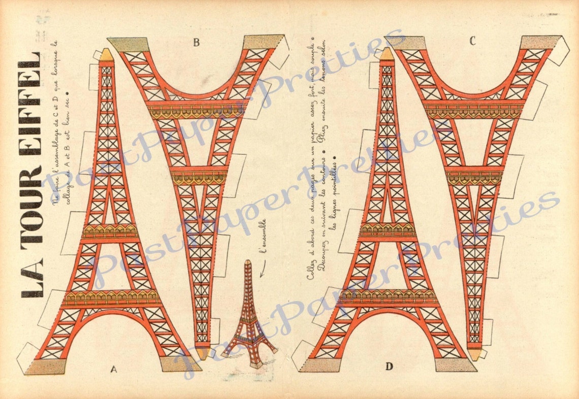 Vintage Eiffel Tower Paper Printable Cut Out Toy Model Instant - Etsy