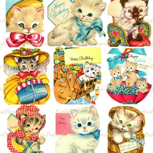 Vintage Printable Kitty Cat Happy Birthday Collage Sheets Fussy Die ...
