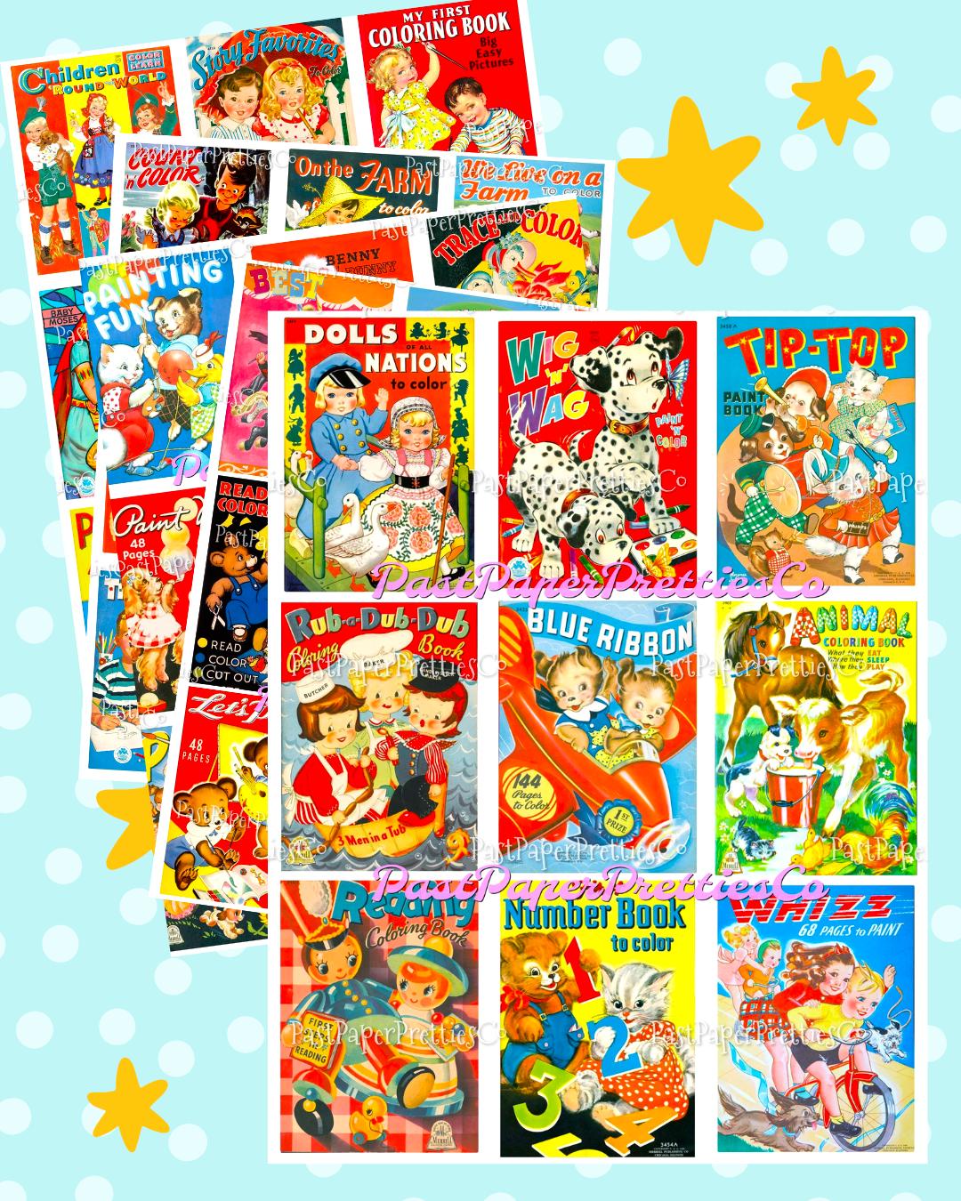 Vintage Printable Retro MCM Cute Childrens Coloring Book Covers Collage ...