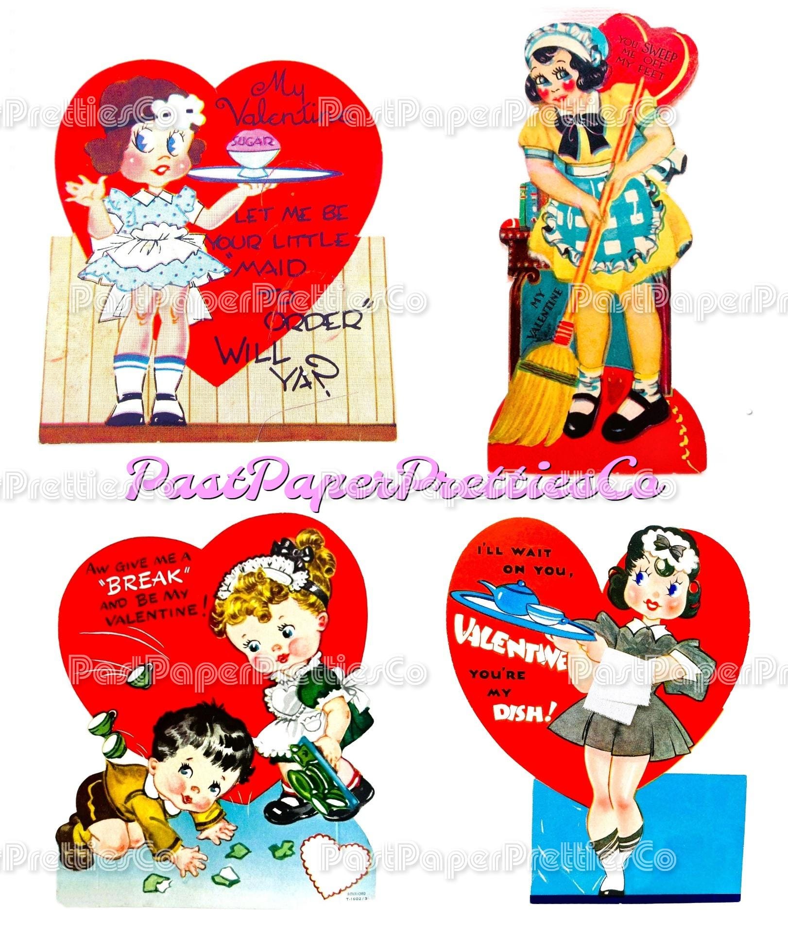 Vintage Printable Valentines Day Cards Cute Merry Maids Themed Collage ...
