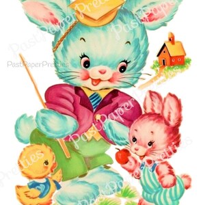 Vintage Printable Blue Teacher Bunny Pink Bunny Chick Students Nursery ...
