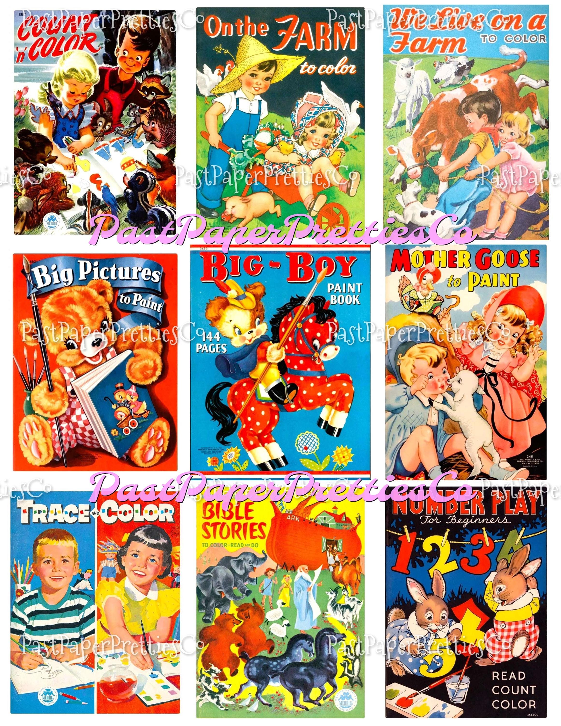 Vintage Printable Retro MCM Cute Childrens Coloring Book Covers Collage ...