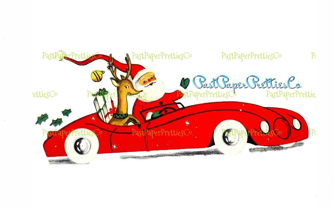 Vintage Printable Santa and Reindeer Red Sports Car Christmas Card ...