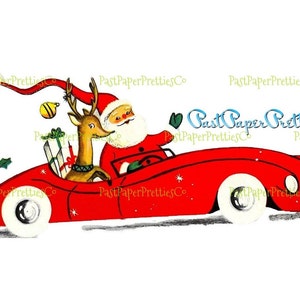 Vintage Printable Santa and Reindeer Red Sports Car Christmas Card ...