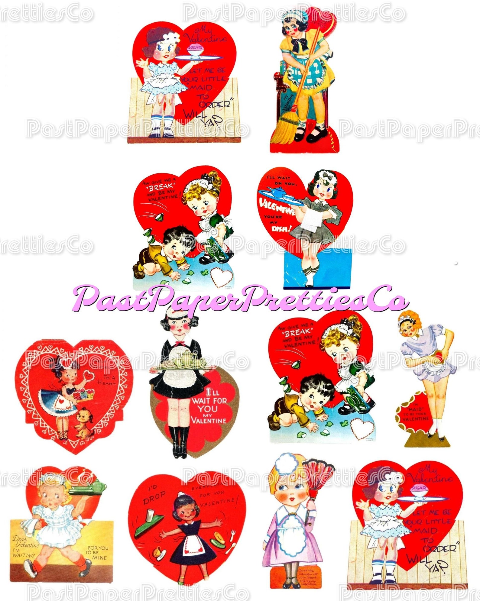 Vintage Printable Valentines Day Cards Cute Merry Maids Themed Collage ...