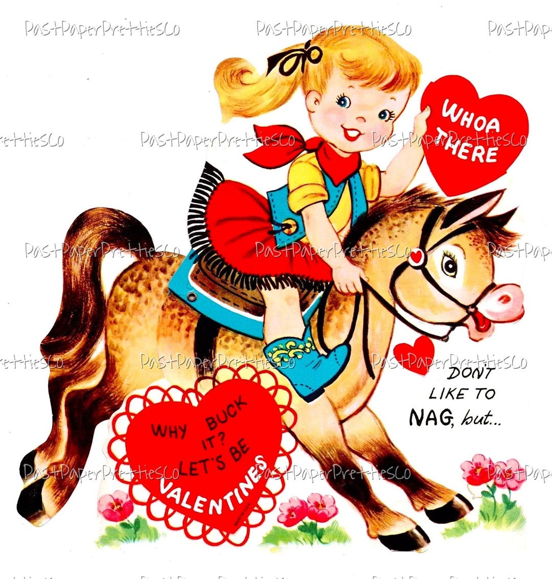 Vintage Printable Valentine Cute Cowgirl With Horse Card Image C. 1950s ...