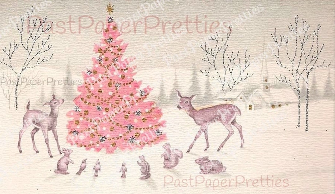 Vintage Printable Snowy Pink Christmas Tree Woodland Animals Forest ...