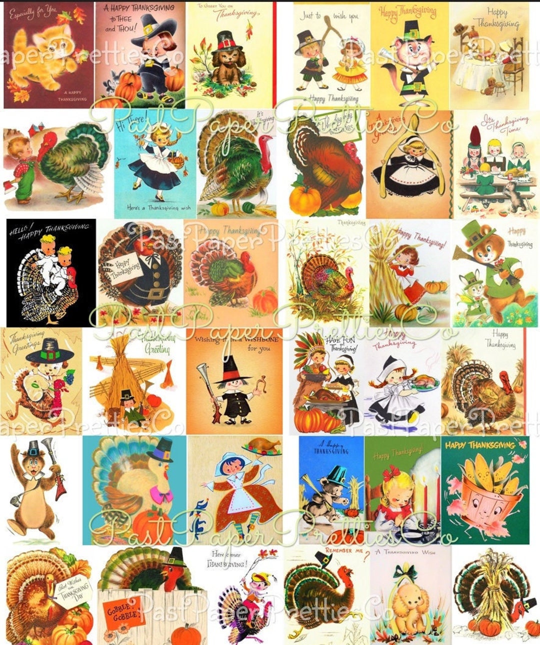 Vintage Printable Retro Thanksgiving Collage Sheets Cute Turkeys ...