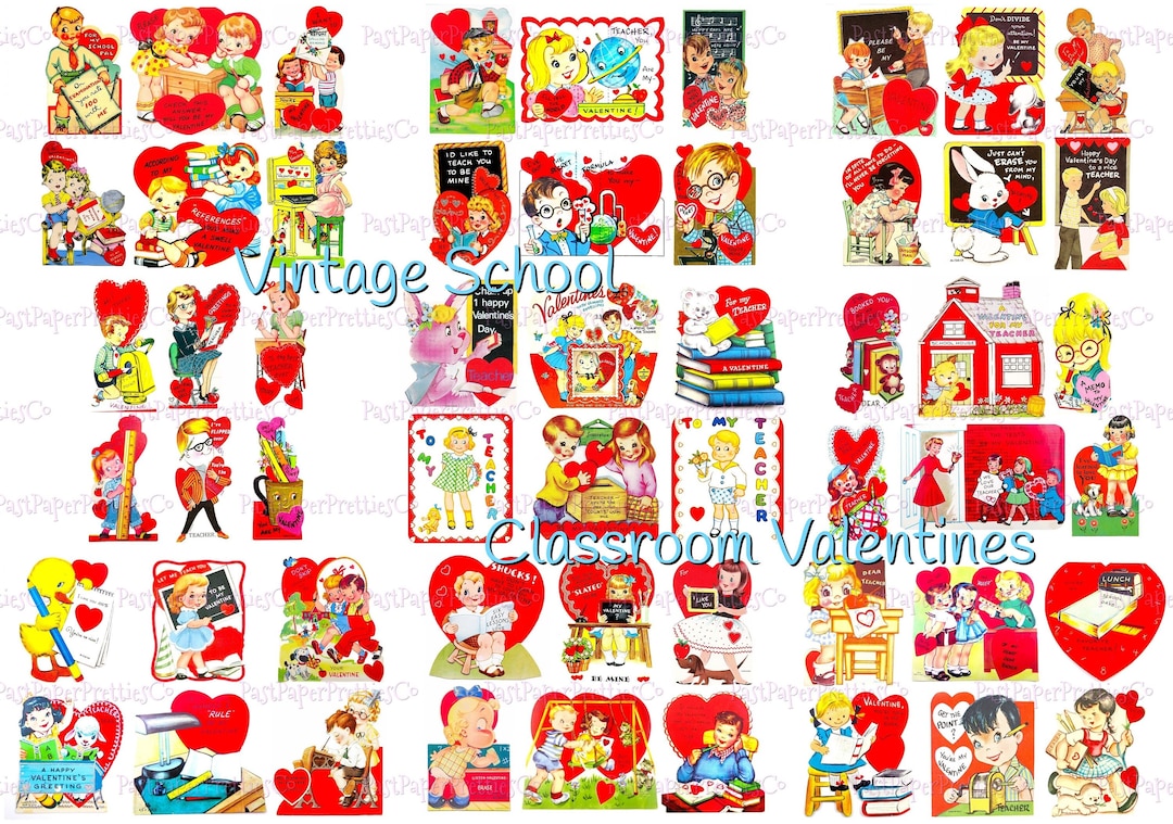 Vintage School Classroom Valentines Day Cards Retro Collage Sheets ...