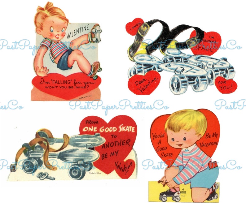 Vintage Printable Valentines Day Cards Retro Rollerskate Girls and Boys ...
