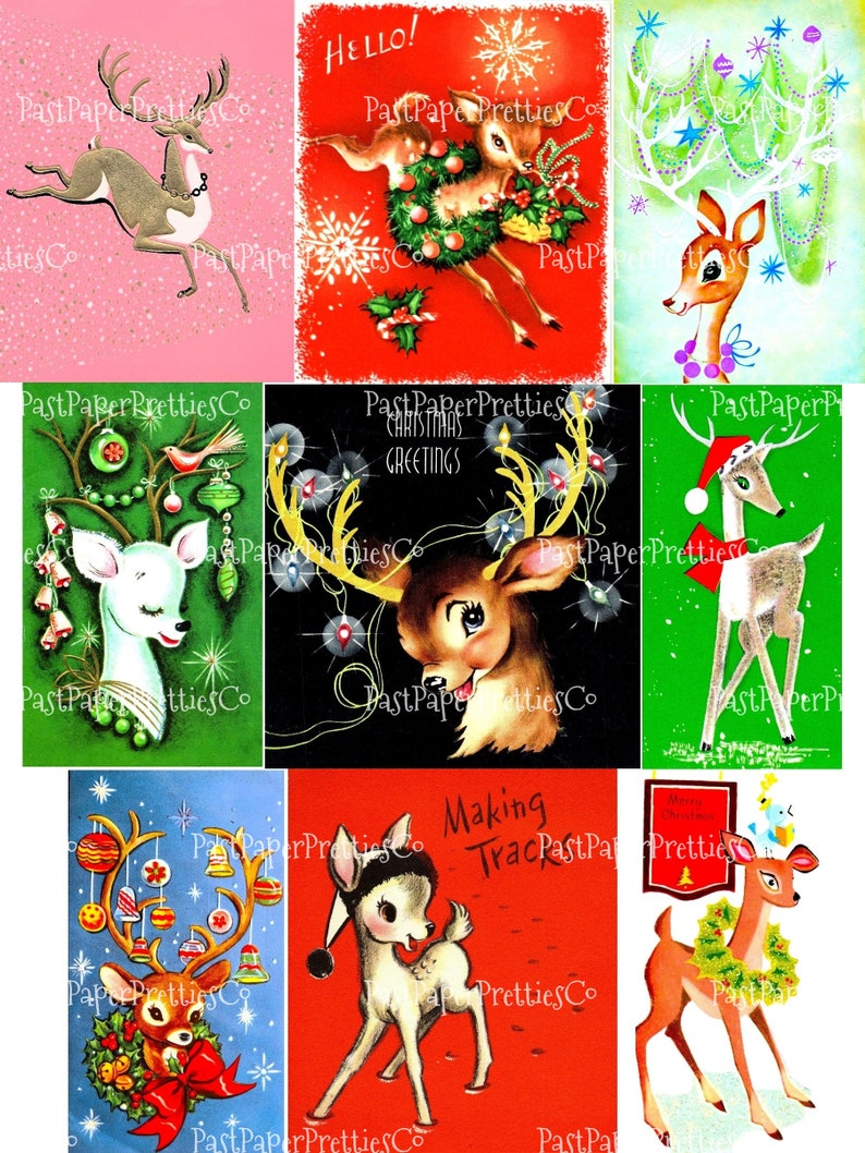 Vintage Printable Retro MCM Christmas Reindeer Collage Sheets and Full ...