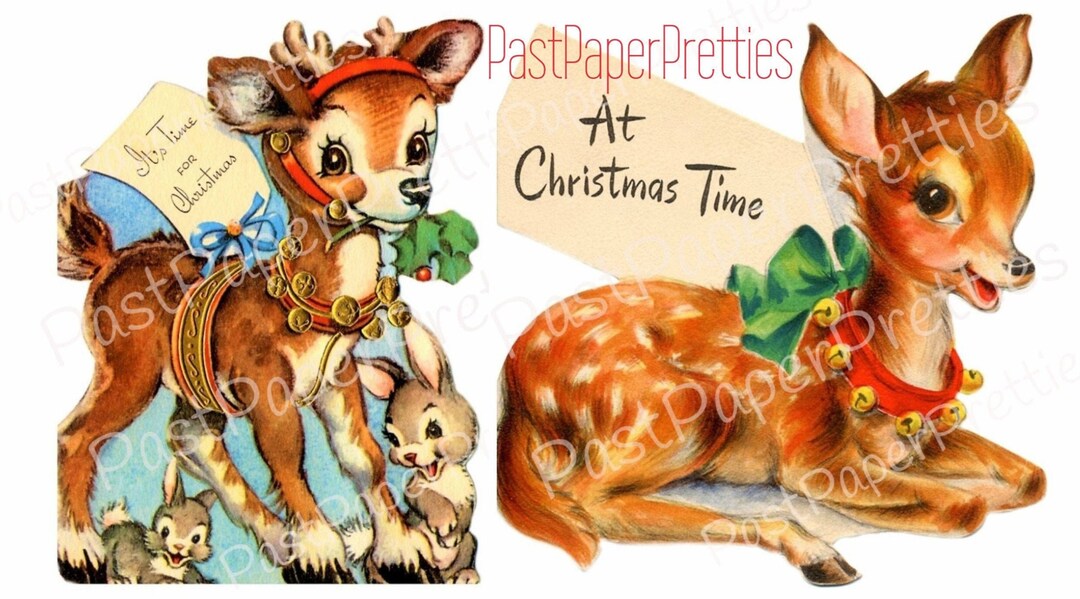 Vintage Printable Cute Reindeer Deer Christmas Card Images Mid Century ...