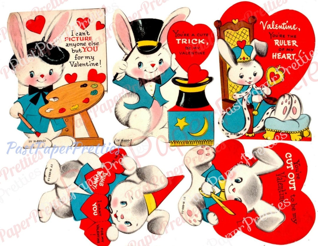 Vintage Printable Bunny Rabbits Valentines Day Cards Collage Sheet PDF ...