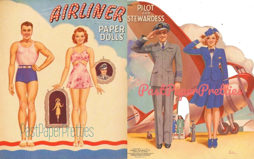 Vintage Paper Dolls Airliner Pilot and Stewardess C. 1941 - Etsy