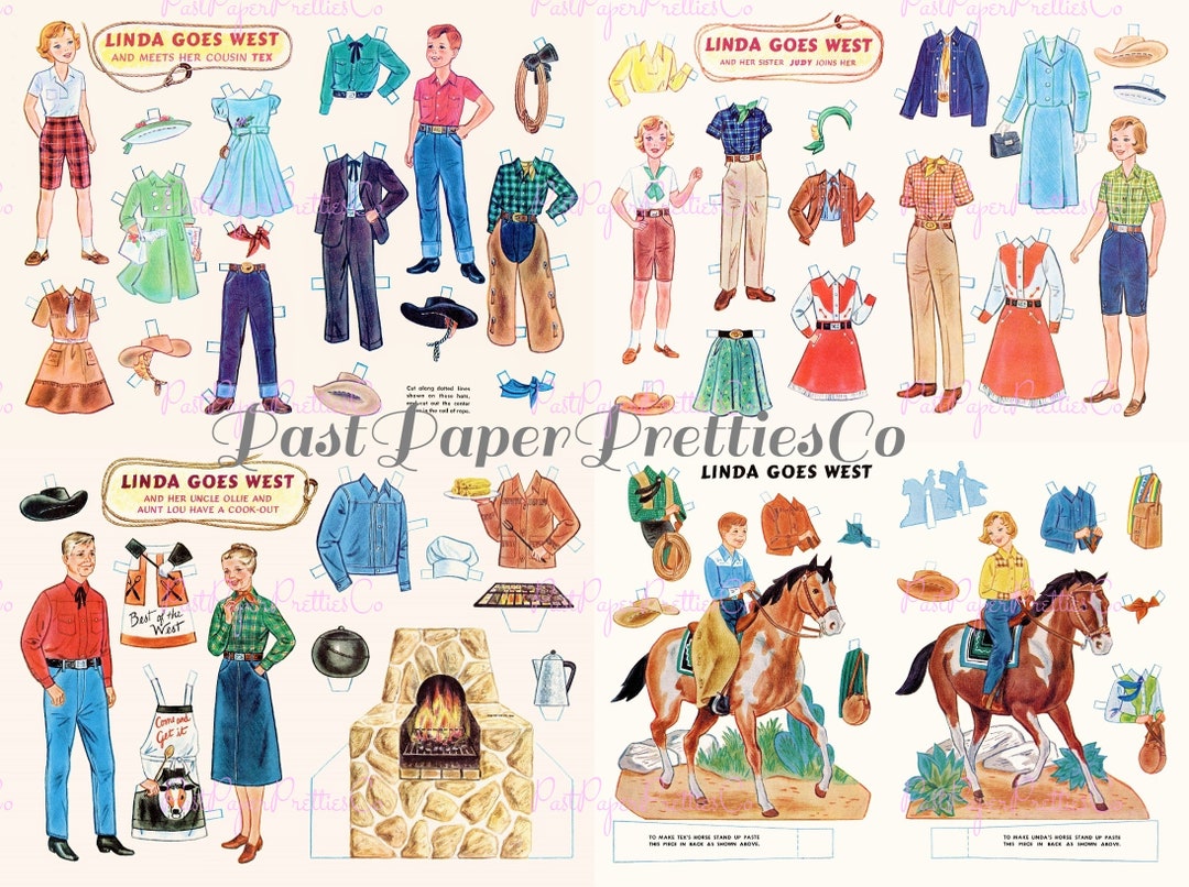 Vintage Linda Goes West Western Cowgirl Paper Doll Collage Sheets Retro ...