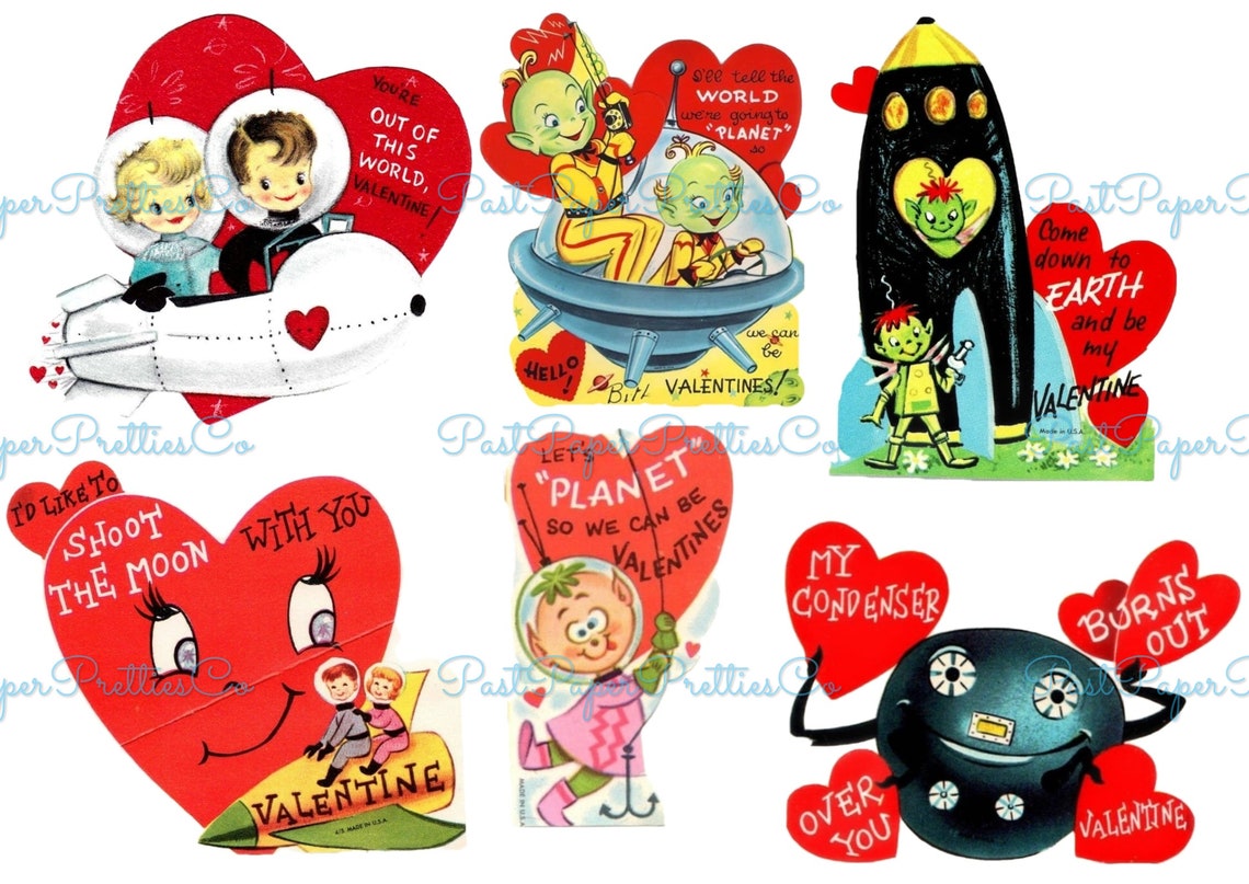 Vintage Outer Space Valentines Rocketship Astronaut Aliens Boys Girls ...