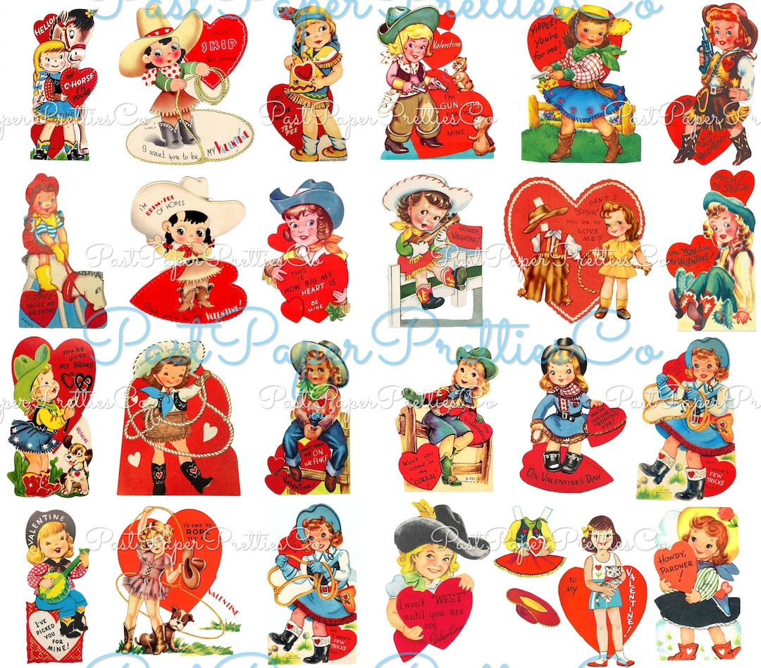 Vintage Cowgirl Valentines Day Card Images Collage Sheets Printable PDF ...