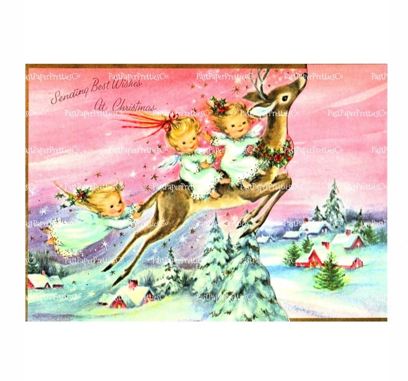 Vintage Printable Cute Angel Girls Riding Reindeer Card Image Pink ...