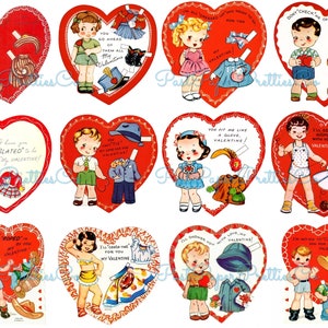 24 Vintage Paper Doll Style Valentine Cards Images Collage Sheets ...